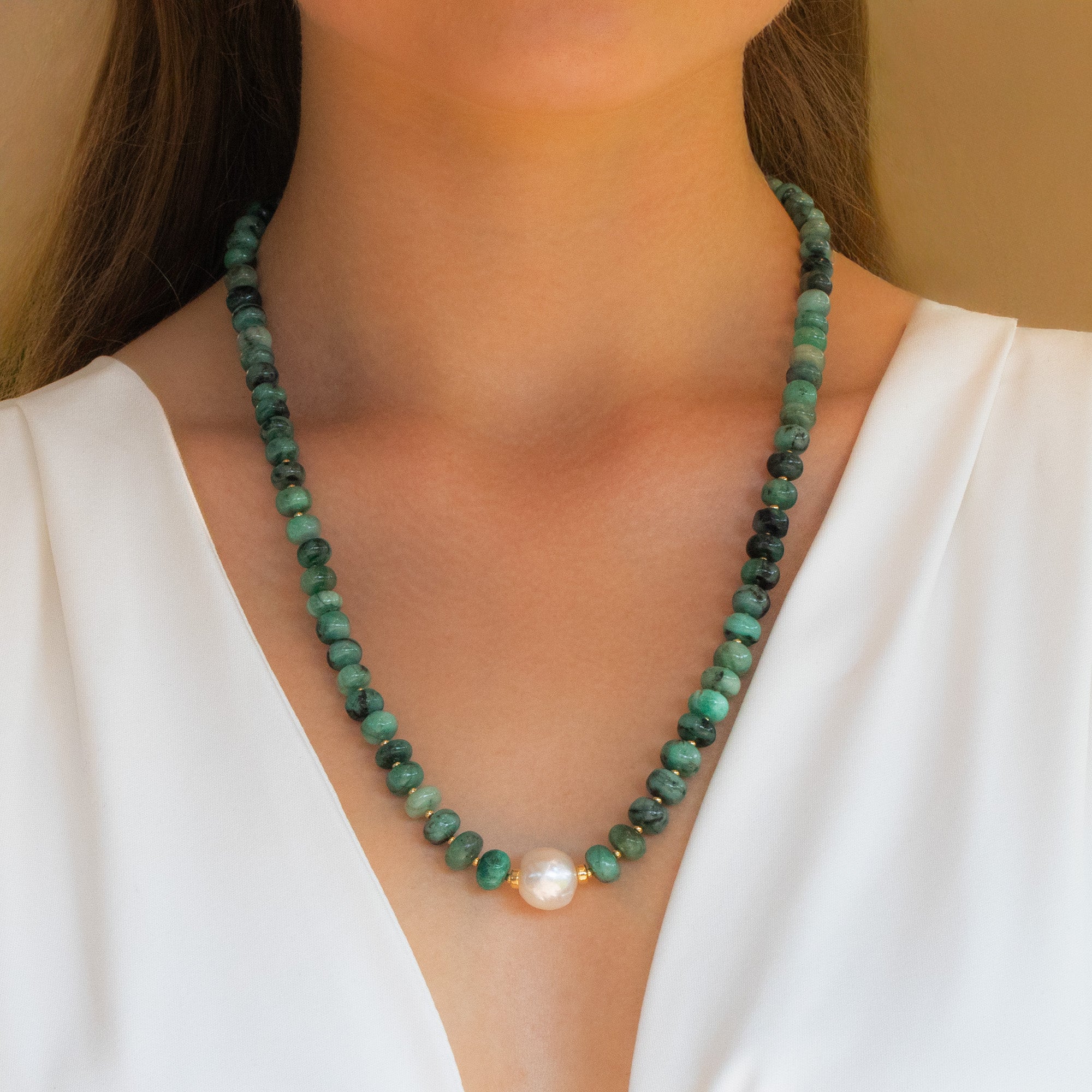 Handmade Emerald and Pearl Necklace - Sterling Silver & 14K Gold-Filled ...